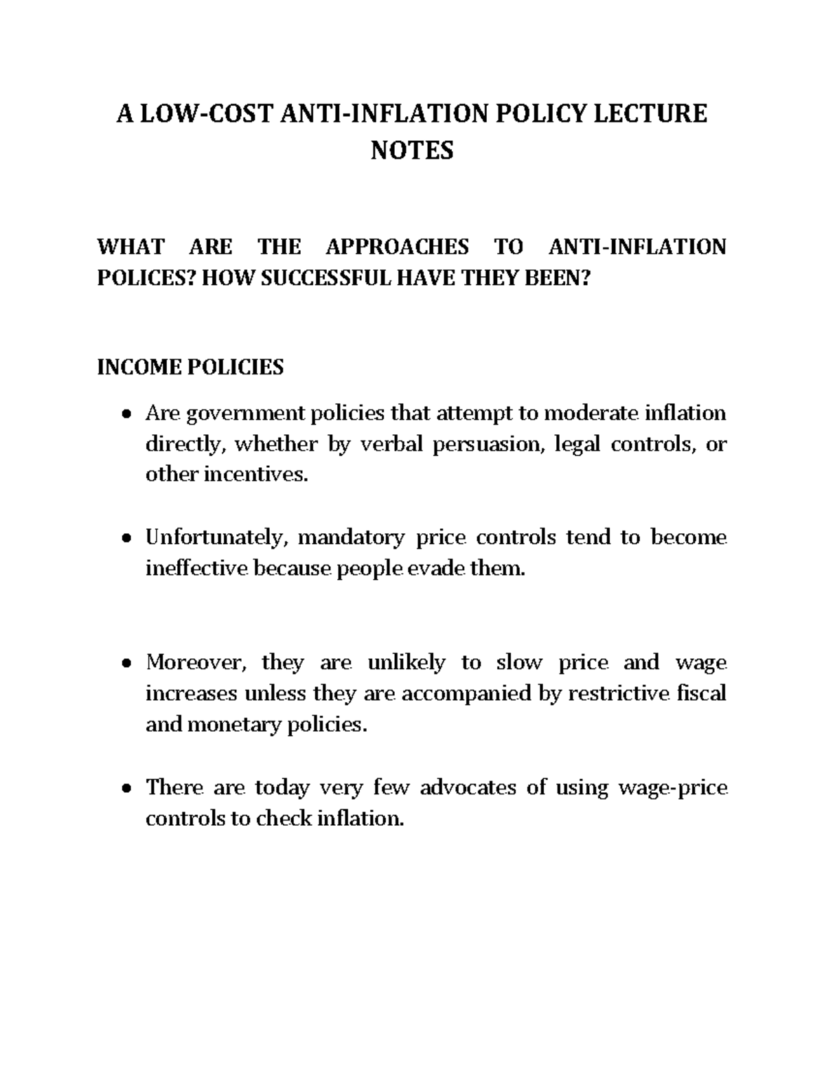 A Low-Cost Anti-Inflation Policy Lecture Notes - A LOW-COST ANTI ...