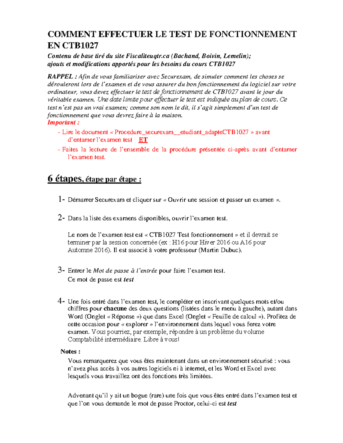 Procedure test de fonctionnement - CTB1027 - COMMENT EFFECTUER LE TEST ...