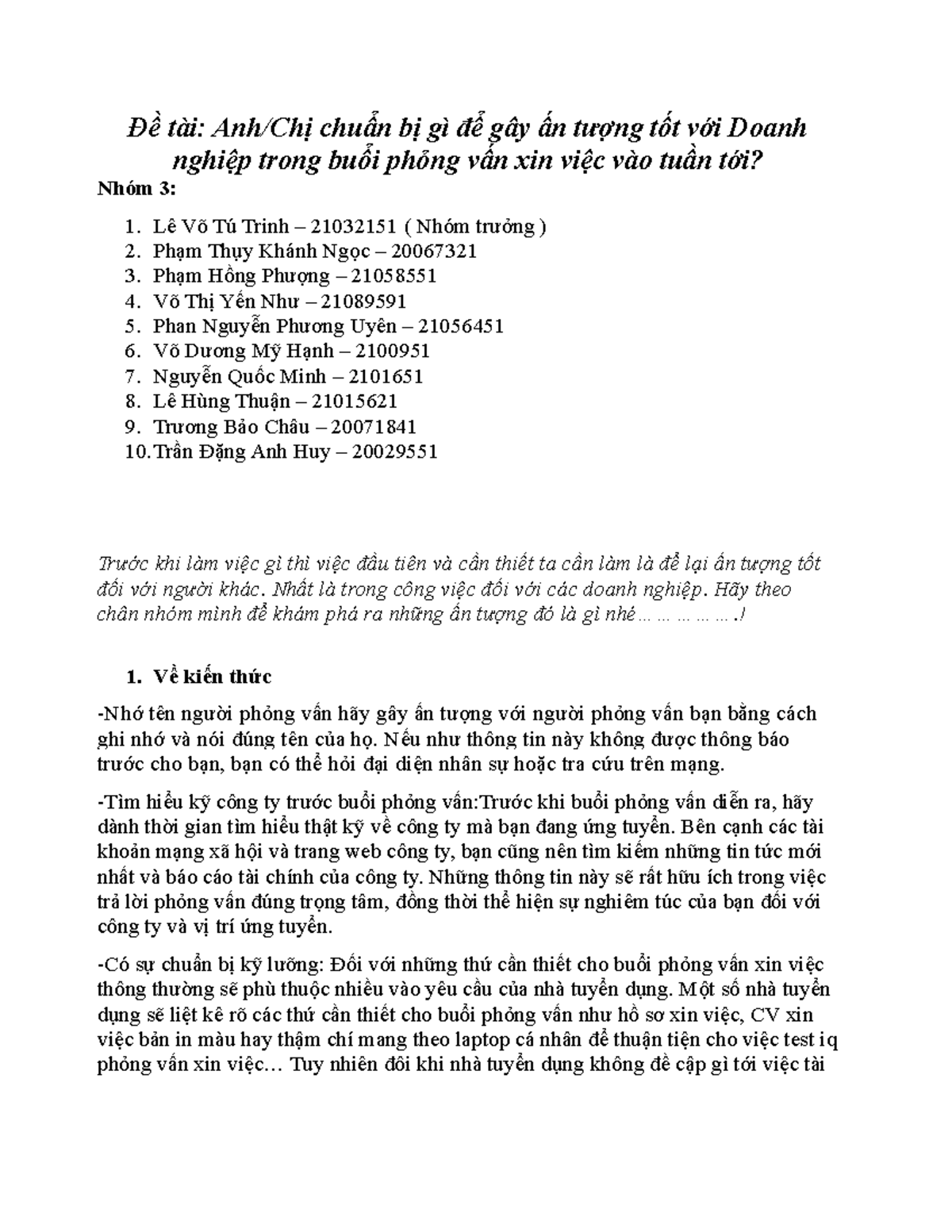 WORD nhóm 3-KNHN - jhjv - Đề tài: Anh/Chị chuẩn bị gì để gây ấn tượng ...