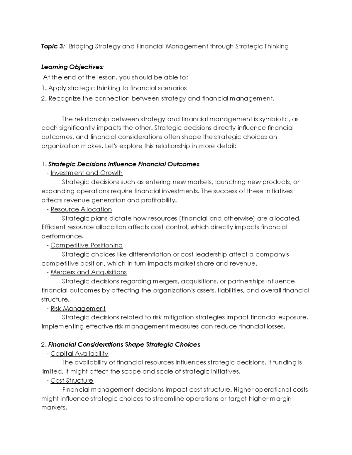 Topic 3 Bridging Strategy and Financial Management through Strategic ...