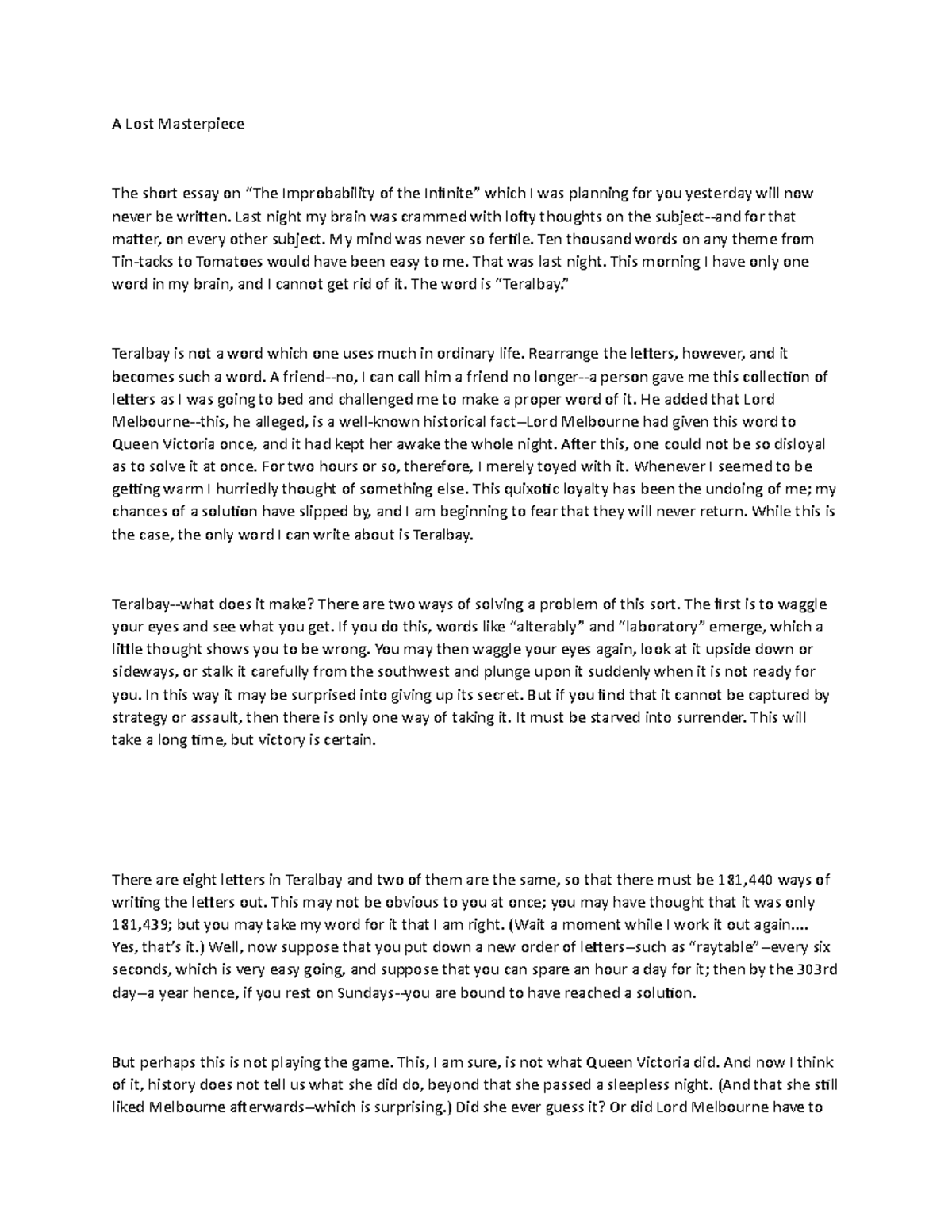 A Lost M a sterpiece - short story - A Lost Masterpiece The short essay ...