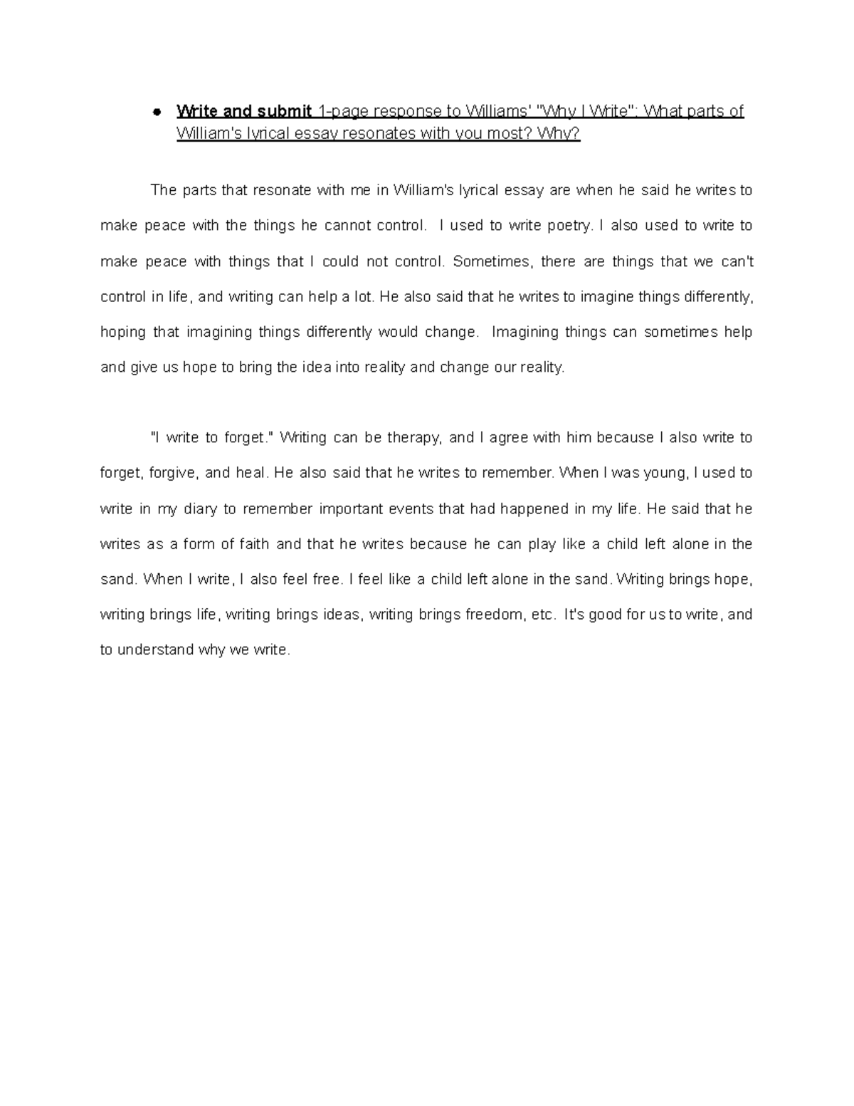 Why I Write - Write and submit 1-page response to Williams' "Why I ...