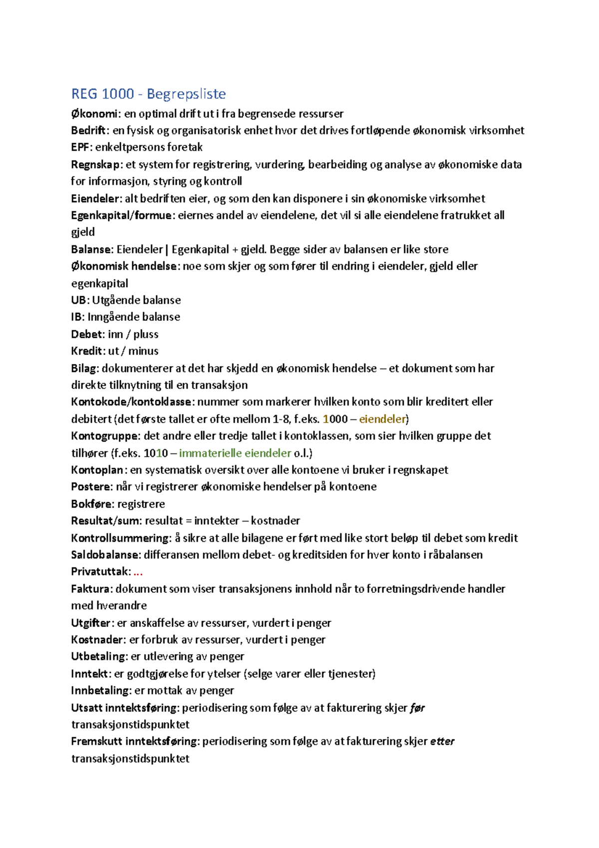 Begreper - Begrepsliste. - REG 1000 - Begrepsliste Økonomi : en optimal drift ut i fra ...