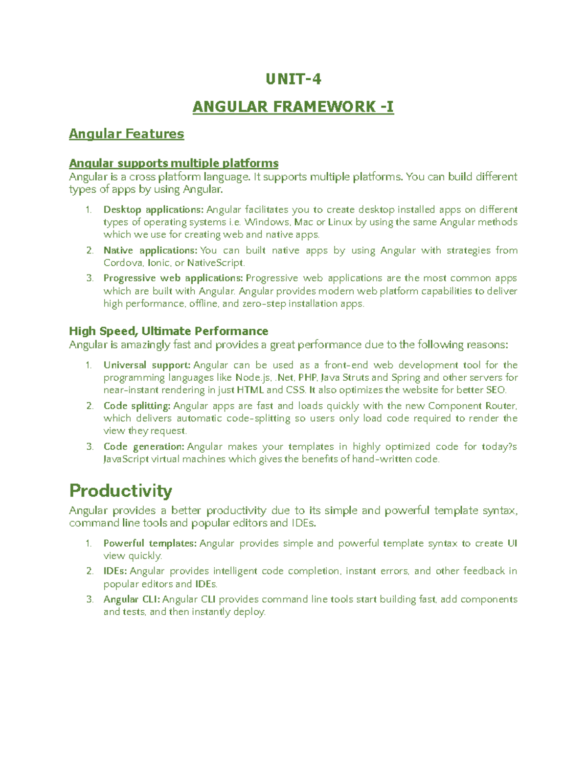 Unit 4 Angular Complete Notes Unit Angular Framework I Angular Features Angular Supports