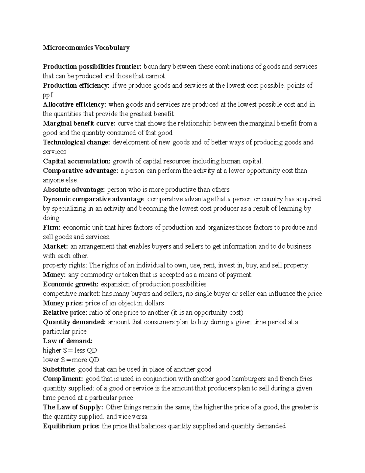 Microeconomics Vocabulary - Microeconomics Vocabulary Production ...