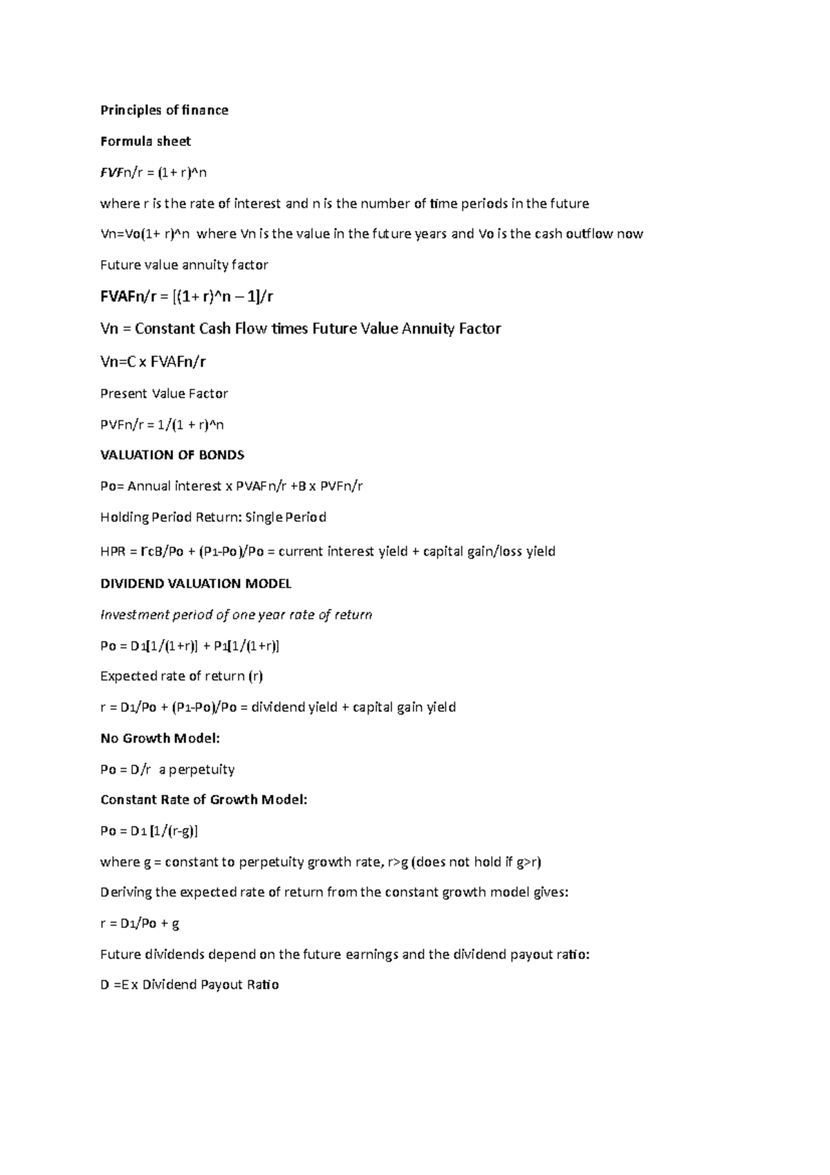 Principles of finance-formula sheet - Principles of finance Formula ...