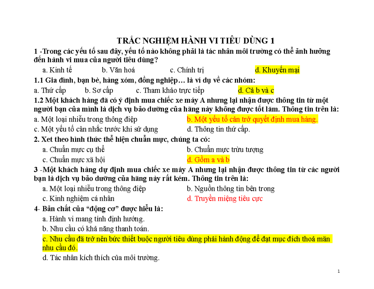 TRC Nghim HANH VI TIEU DUNG - TRẮC NGHIỆM HÀNH VI TIÊU DÙNG 1 1 - Trong ...