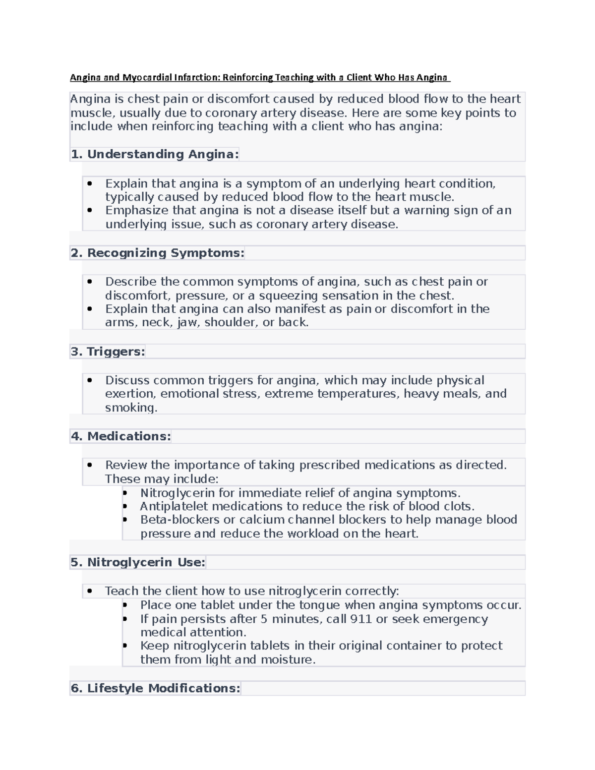 Angina and Myocardial Infarction - Here are some key points to include ...