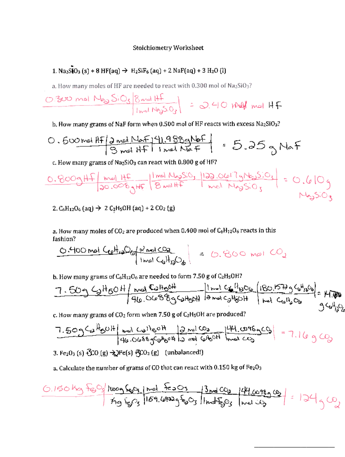 CHE+116+Stoichiometry - Stoichiometry Worksheet . 1. NazSlO3 (5) + 8 HF ...