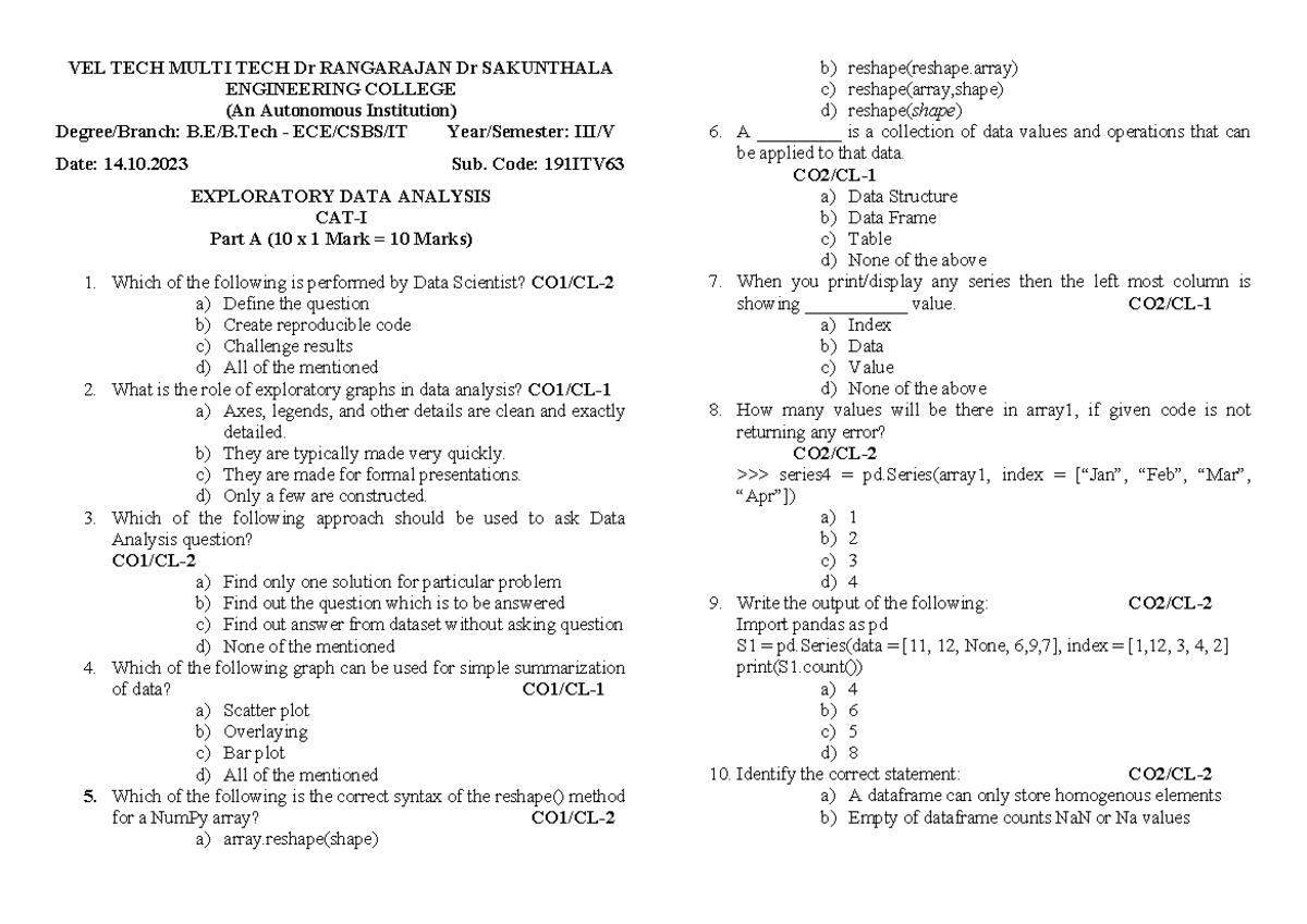191ITV63 EDA CAT1 - VEL TECH MULTI TECH Dr RANGARAJAN Dr SAKUNTHALA ENGINEERING COLLEGE (An ...