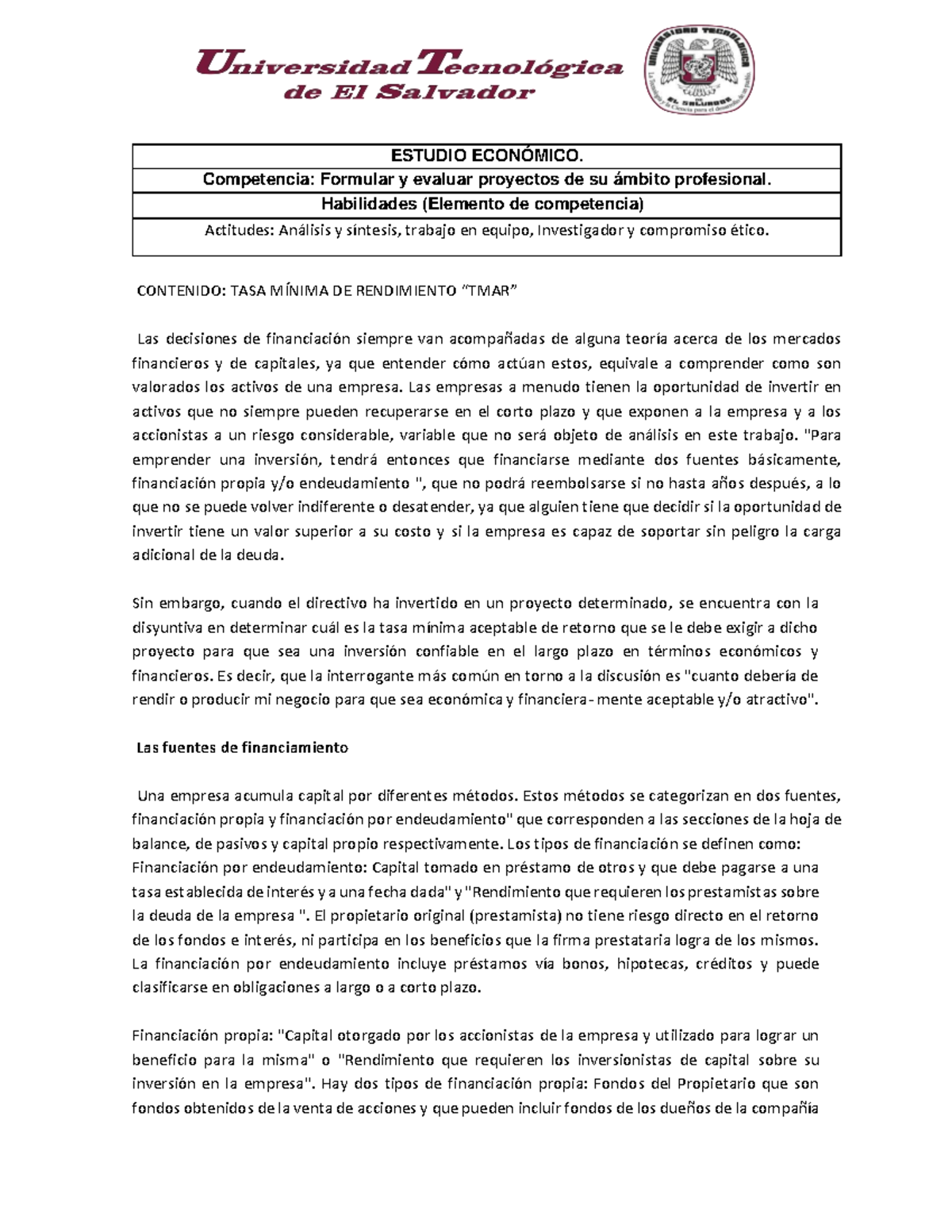 Tasa Mínima de Aceptación de Rentabilidad (TMAR) - ESTUDIO ECONÓMICO ...