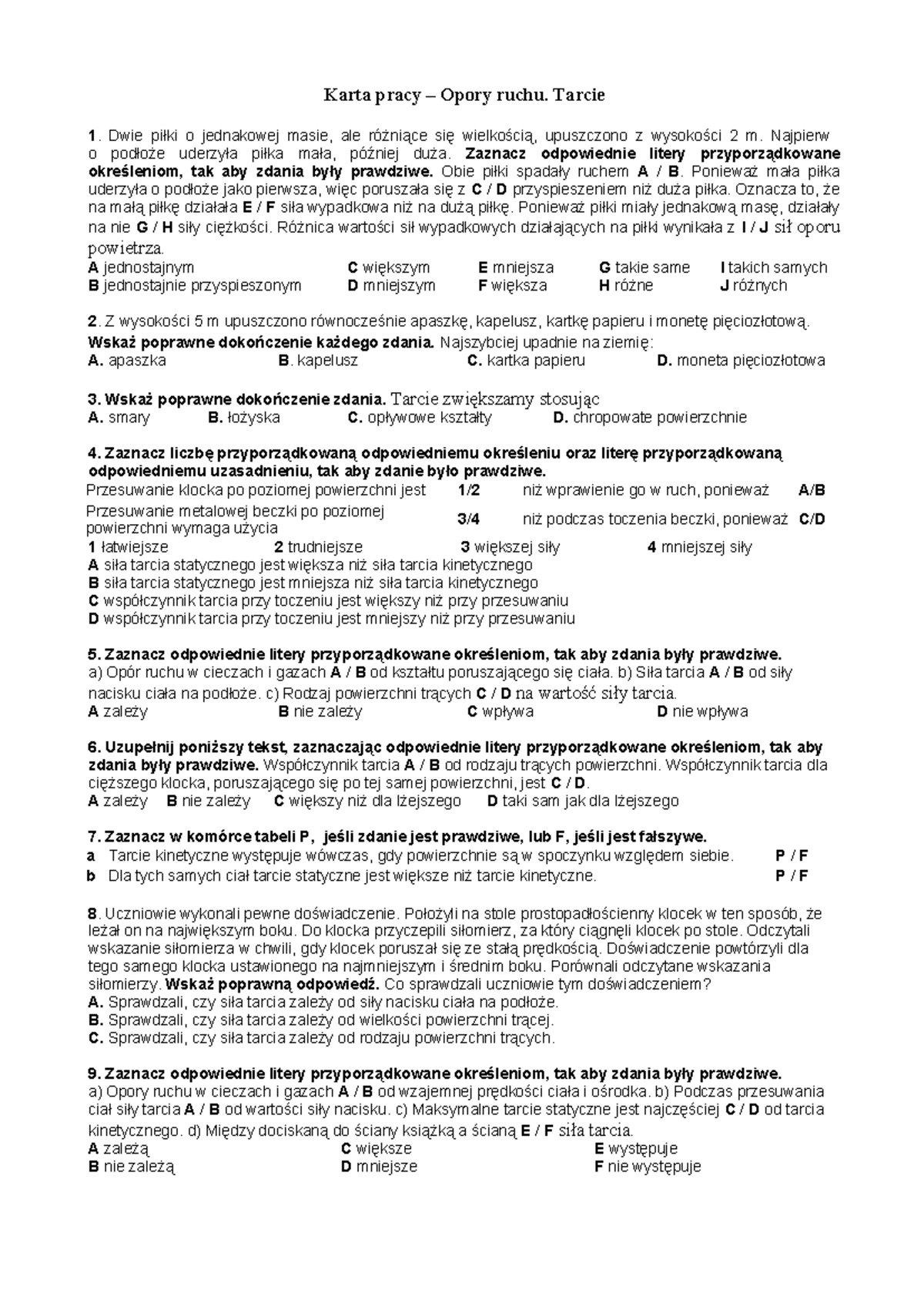 Karta tarcie - Karta pracy – Opory ruchu. Tarcie Dwie piłki o ...