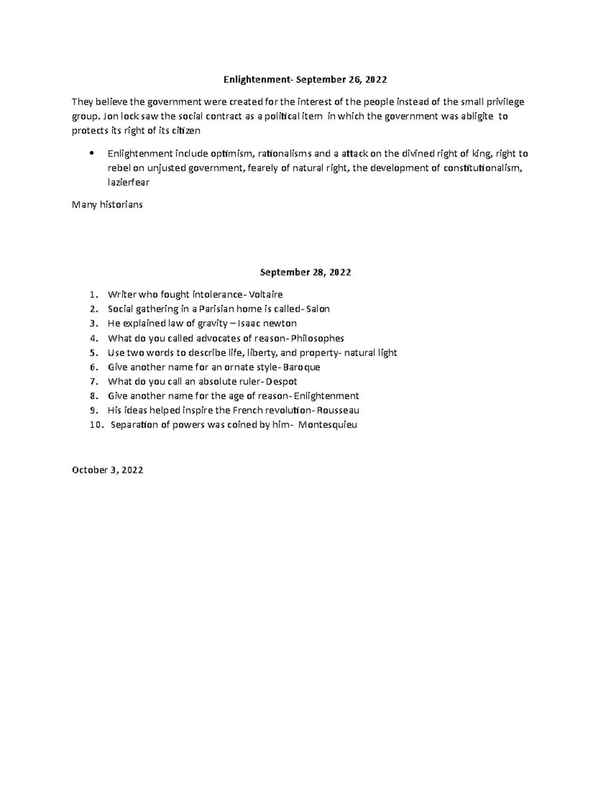 History unit 2 notes Enlightenment sept 26 2022 - Enlightenment ...