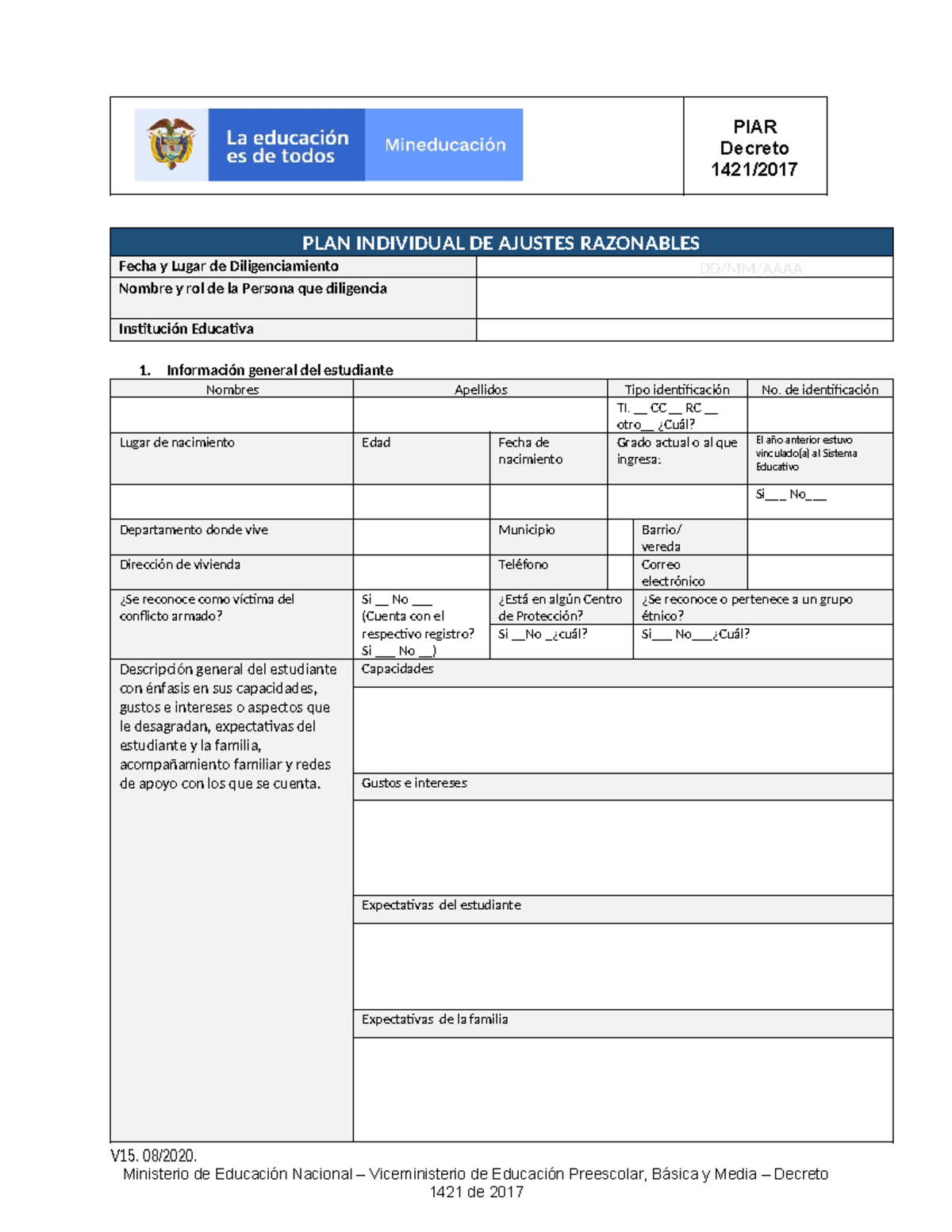 PIAR Formato Actual - Decreto 1421/ PLAN INDIVIDUAL DE AJUSTES ...