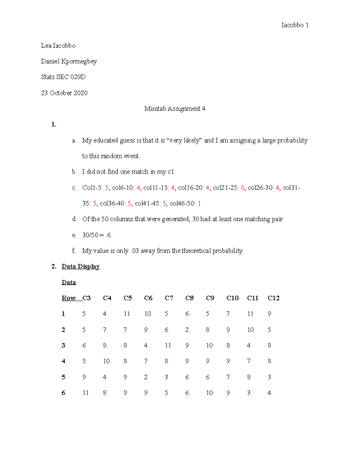 Minitab assignment 4 - Prince allotoy - Lea Iacobbo Daniel Kpormegbey Stats SEC 029D 23 October ...
