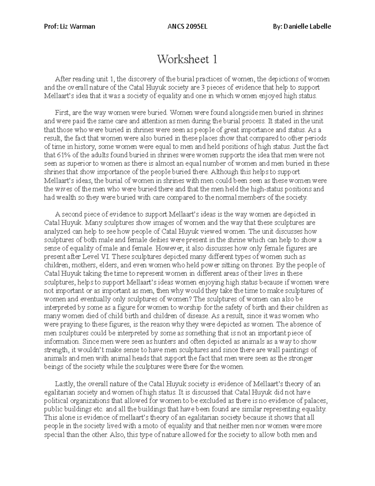 Worksheet 1 - Prof: Liz Warman ANCS 2095EL By: Danielle Labelle ...