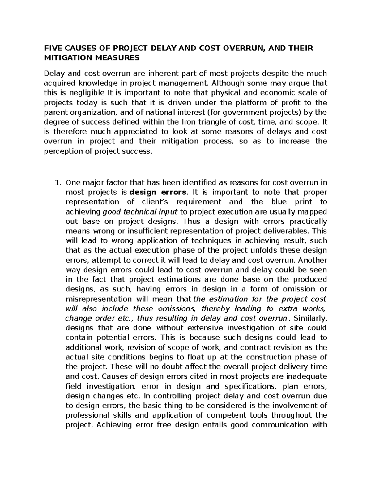 Causes OF Project Delay AND COST Overrun - Project Management - UoN - Studocu