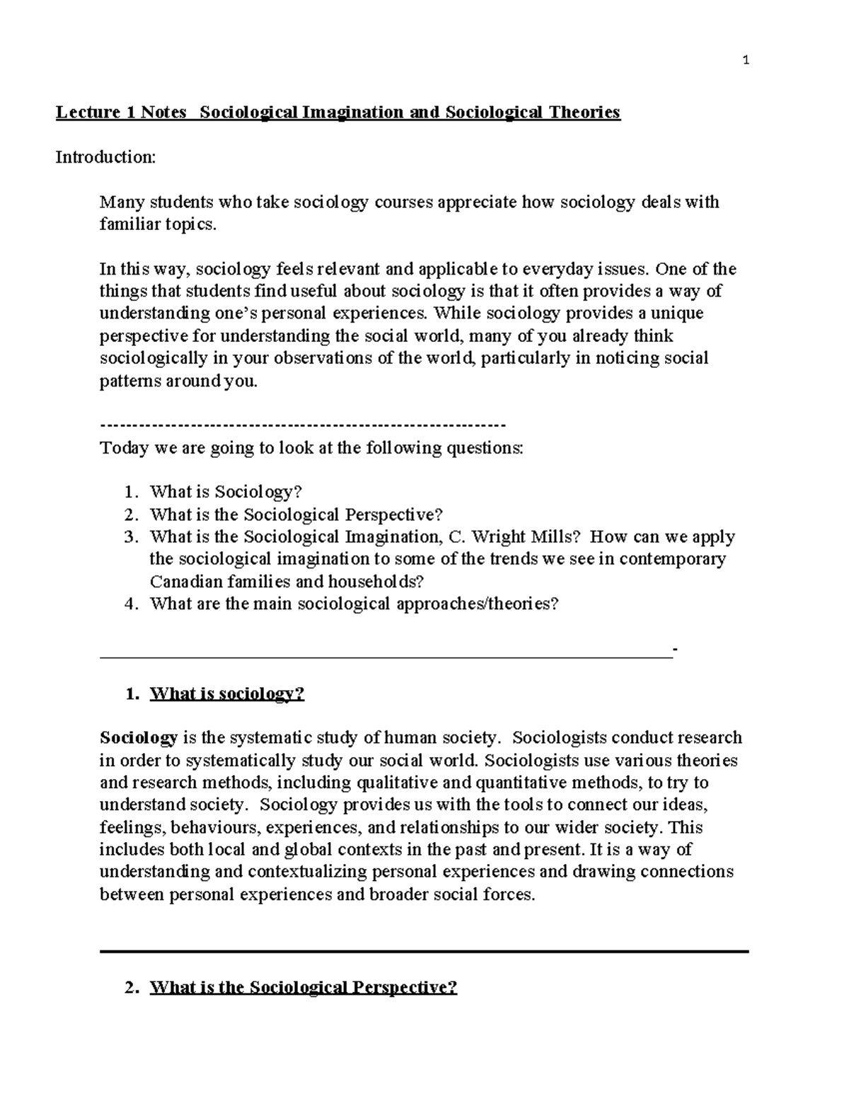 Lecture 1 Notes - Lecture 1 Notes Sociological Imagination and ...