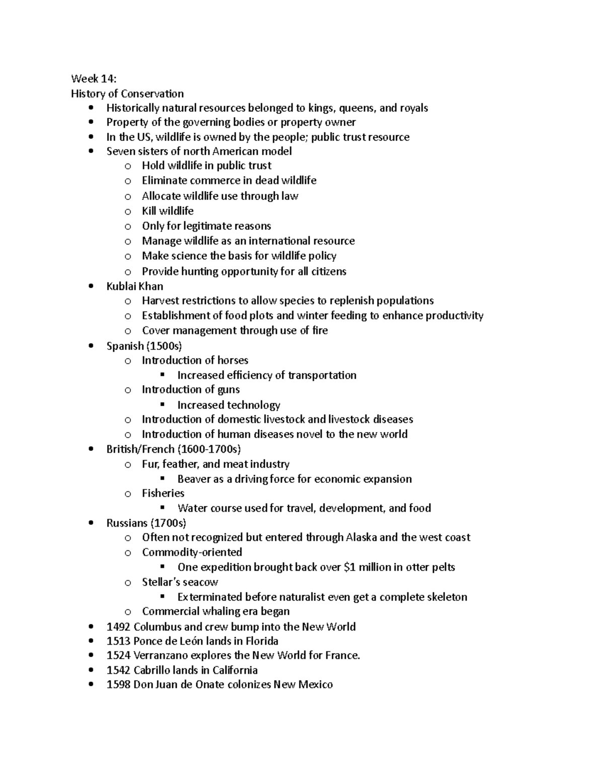 ISB 202 W14 Notes - Week 14: History of Conservation Historically ...