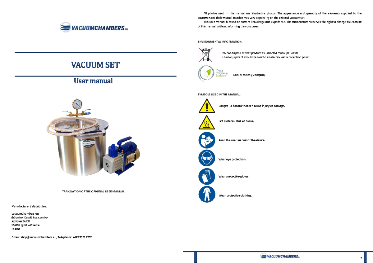 Operating manual vacuum set - TRANSLATION OF THE ORIGINAL USER MANUAL ...