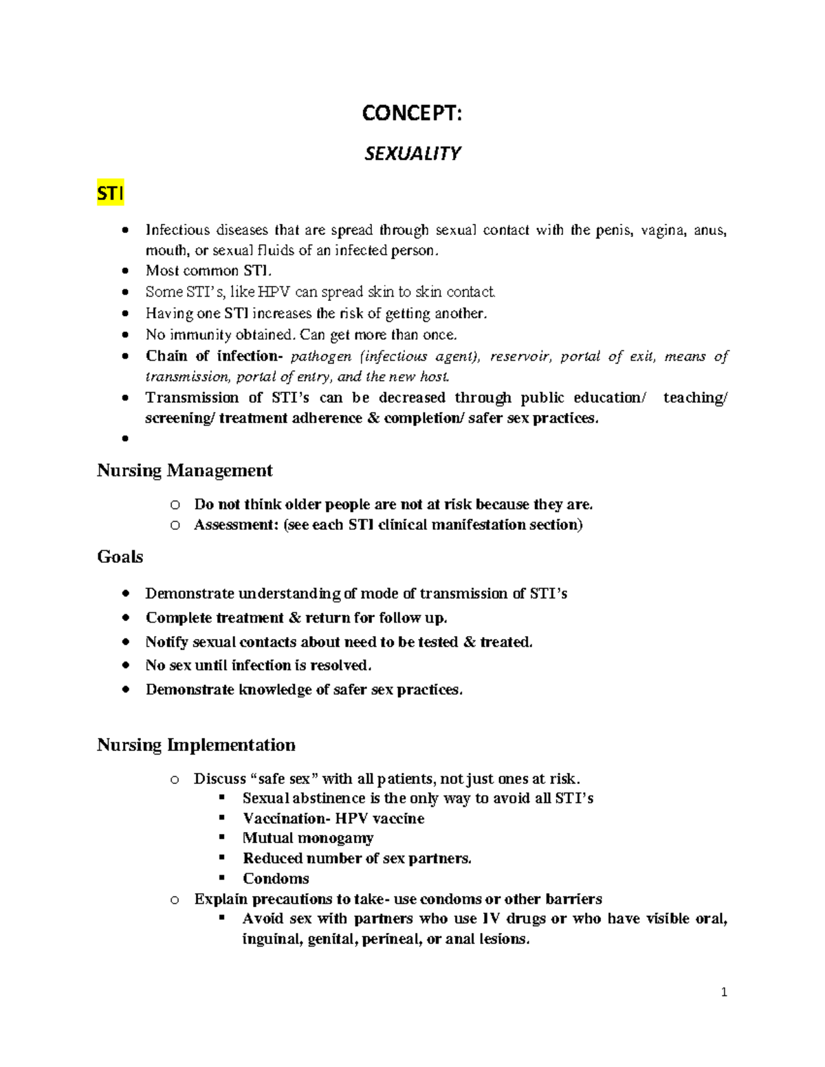 Immunity STI Notes - CONCEPT: SEXUALITY STI Infectious diseases that ...