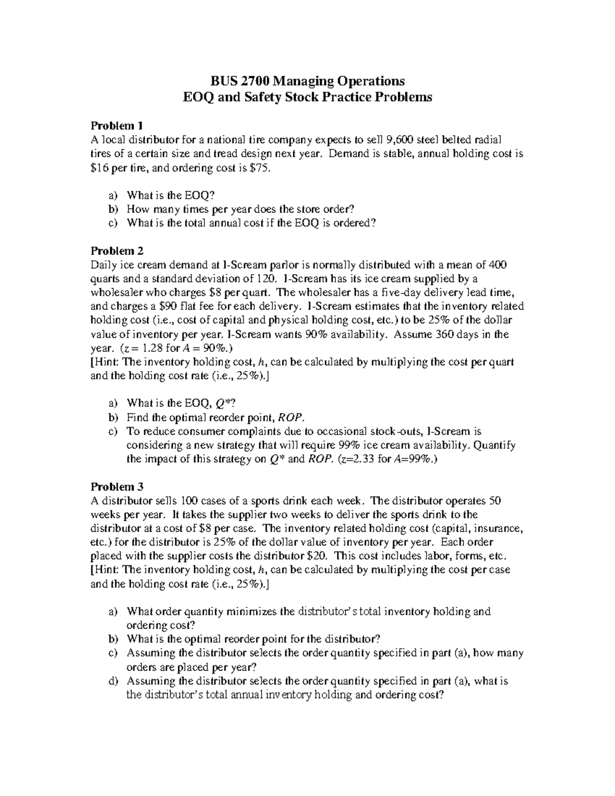 EOQ and Safety Stock Practice Problems - BUS 2700 Managing Operations ...