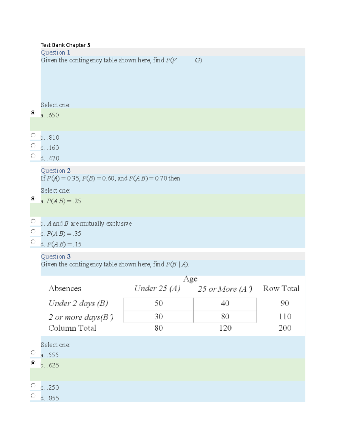 SB Test Bank Chapter 5 - Test Bank Chapter 5 Question 1 Given the ...