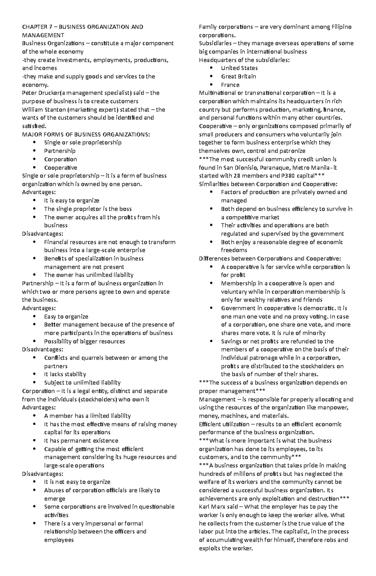 Econ reviewer - CHAPTER 7 BUSINESS ORGANIZATION AND MANAGEMENT Business ...