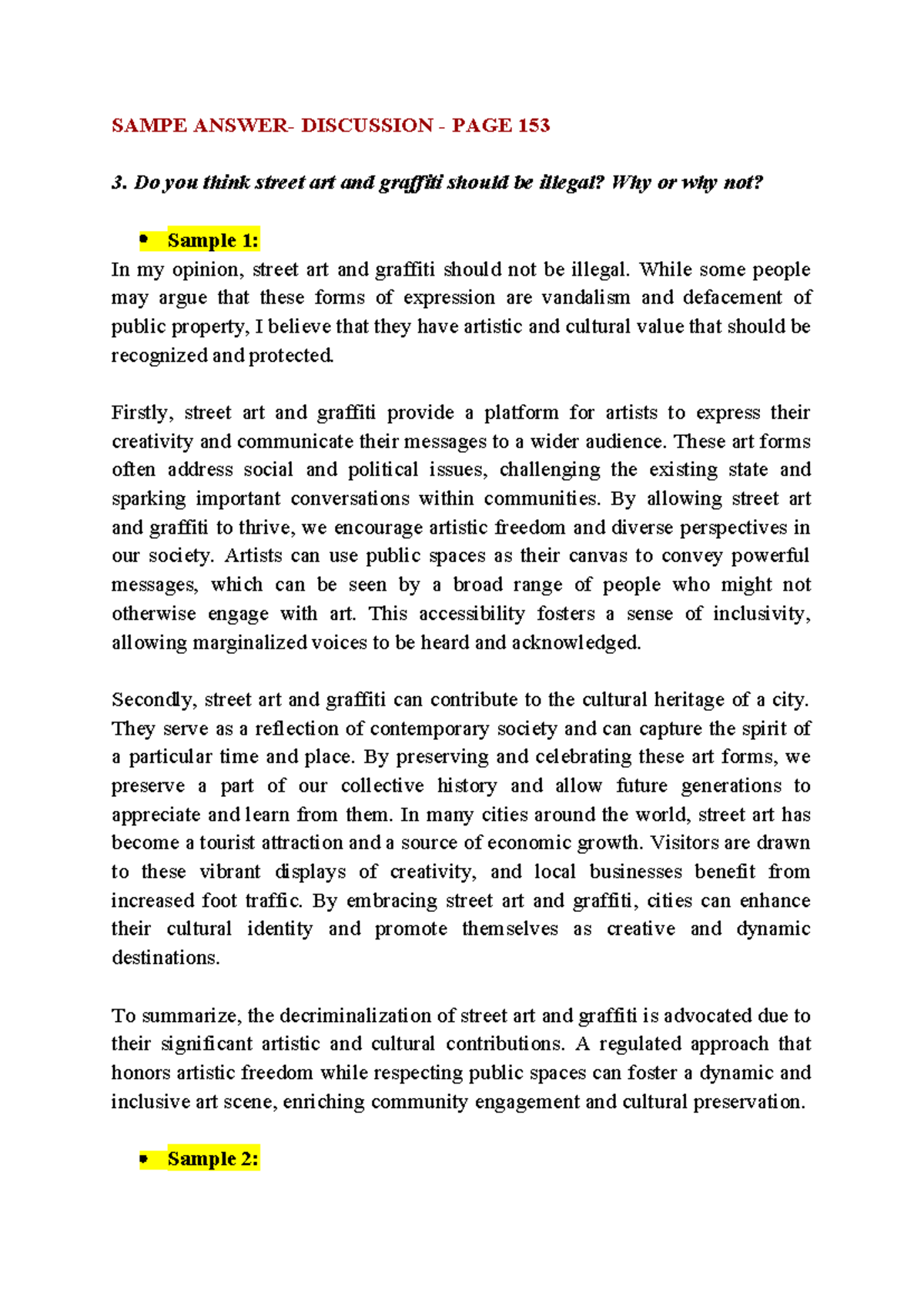 Prism- Unit 7- sample answers - SAMPE ANSWER- DISCUSSION - PAGE 153 3 ...