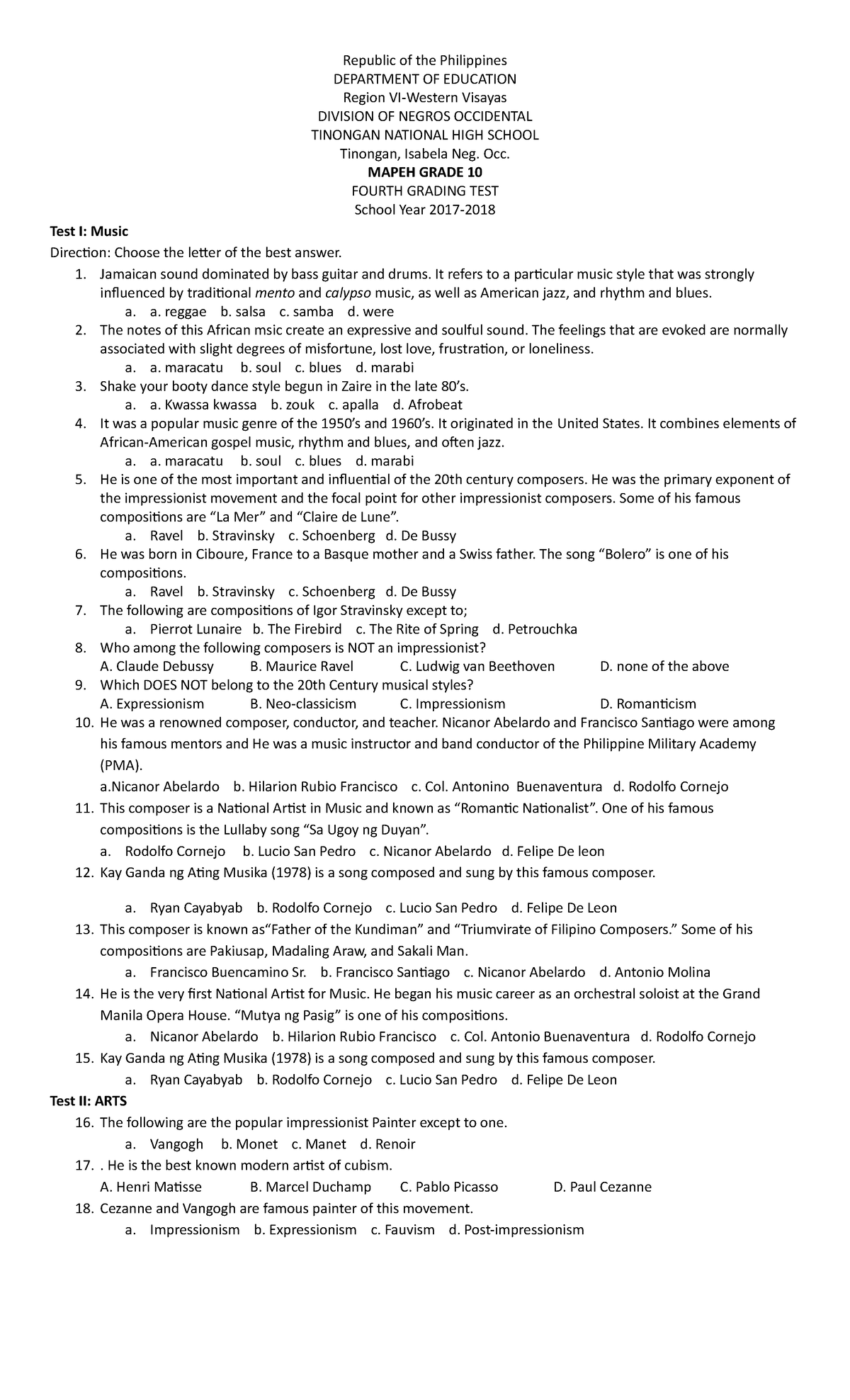 Grade 10 exam 4 - Republic of the Philippines DEPARTMENT OF EDUCATION ...