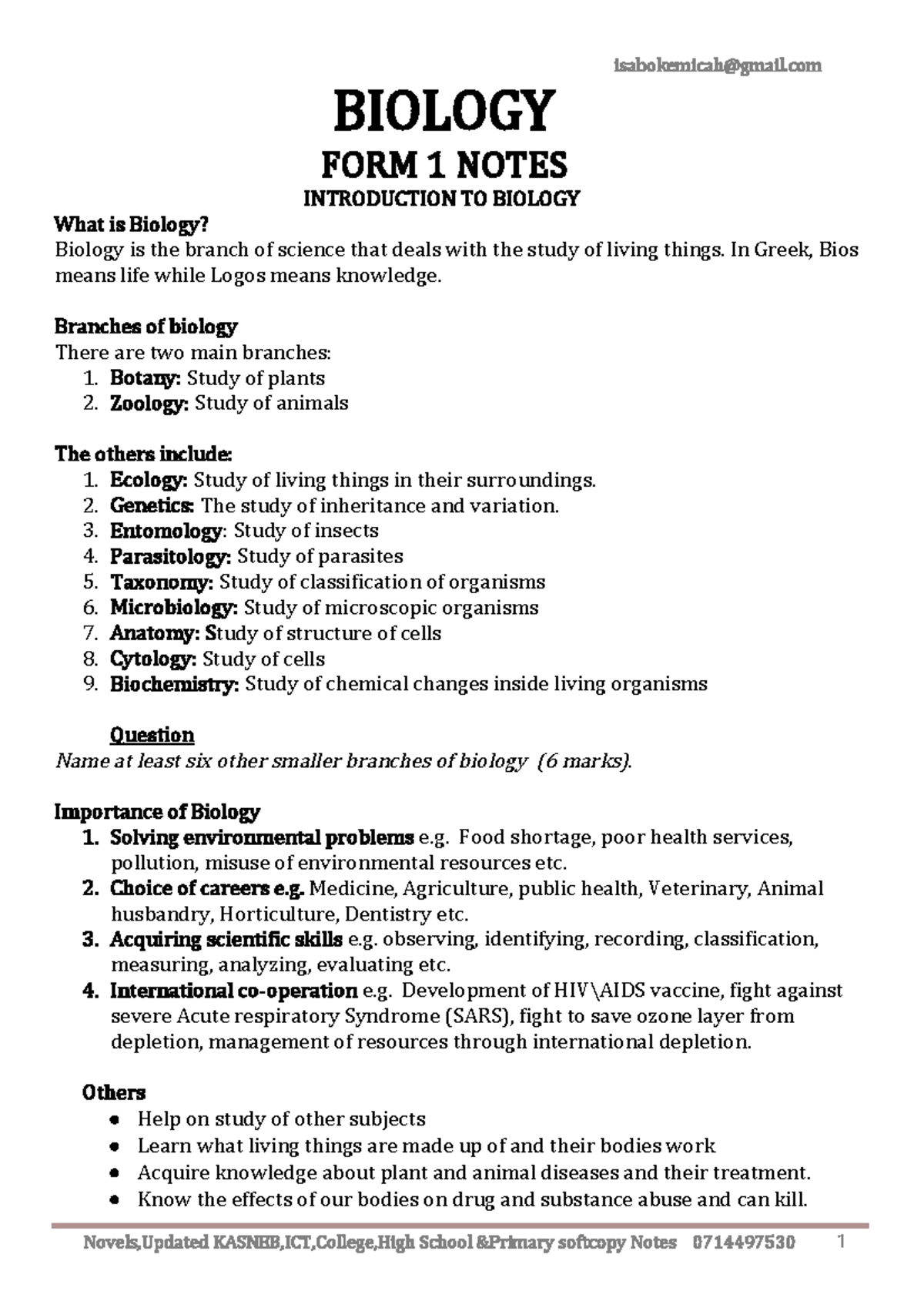 Latest FORM 1 Biology Notes - BIOLOGY FORM1NOTES INTRODUCTIONTOBIOLOGY ...
