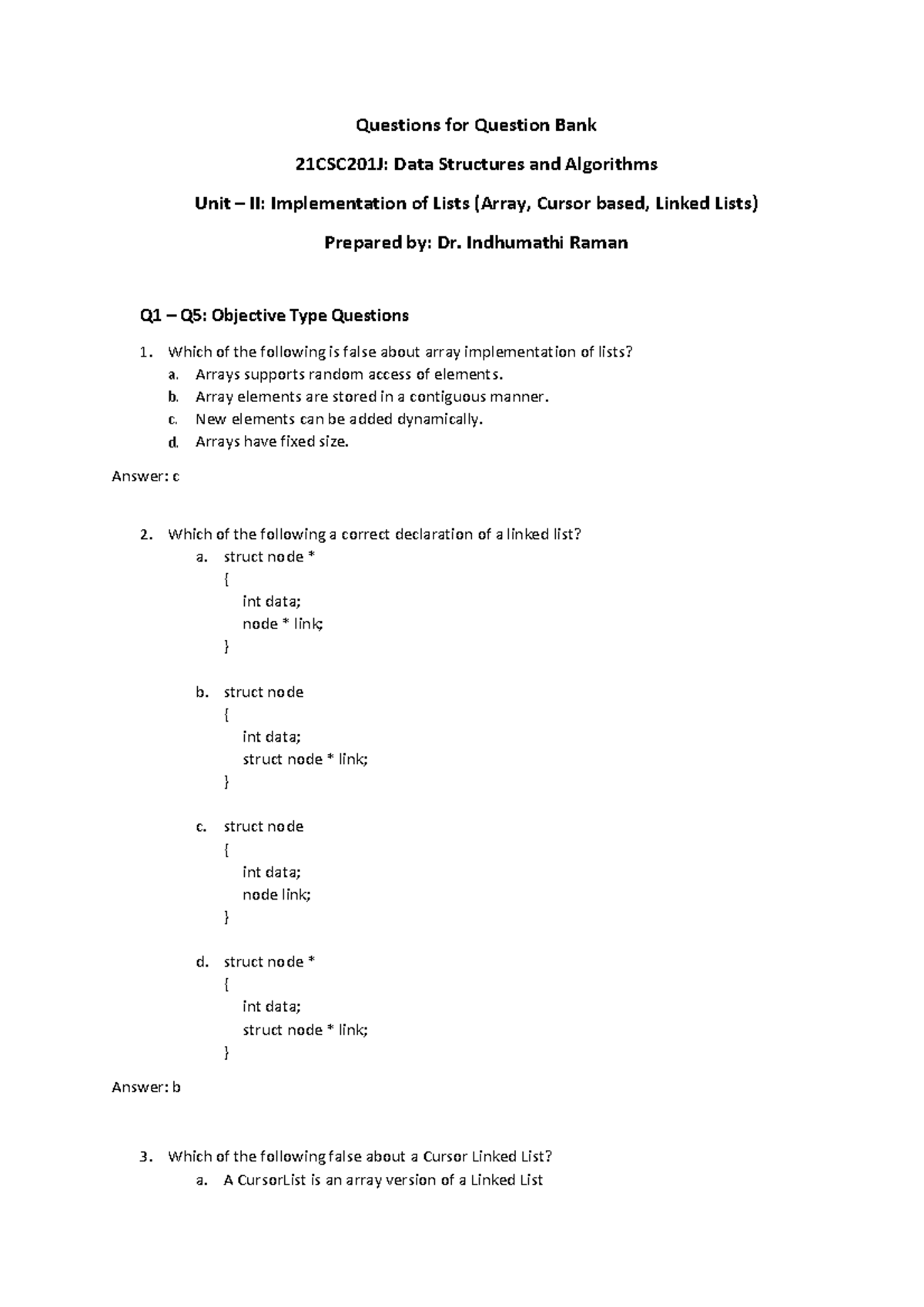 Implementation OF LIST QB - Questions for Question Bank 21CSC201J: Data Structures and ...