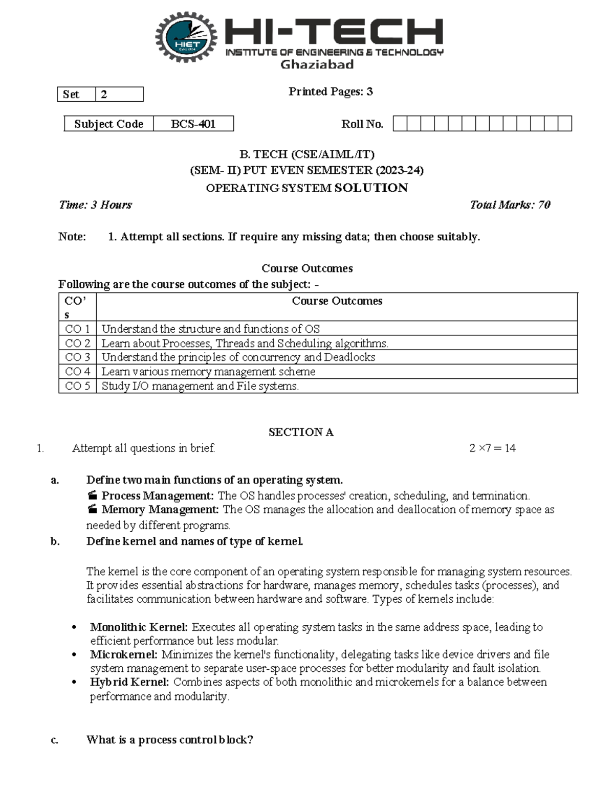 PUT OS-BCS401 set-2. - Solution - Printed Pages: 3 Subject Code BCS-401 ...