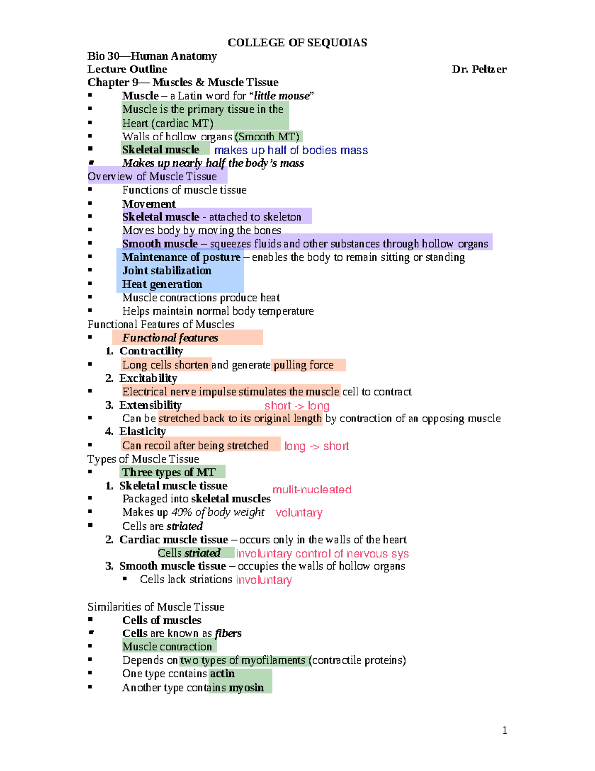Ch. 9 Outline - Bio 30—Human Anatomy Lecture Outline Dr. Peltzer ...