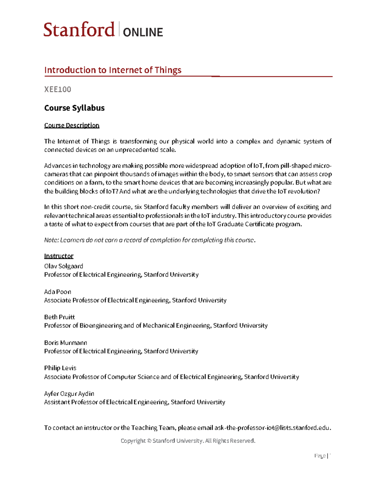 XEE100 Io T Syllabus - Copyright © Stanford University. All Rights ...