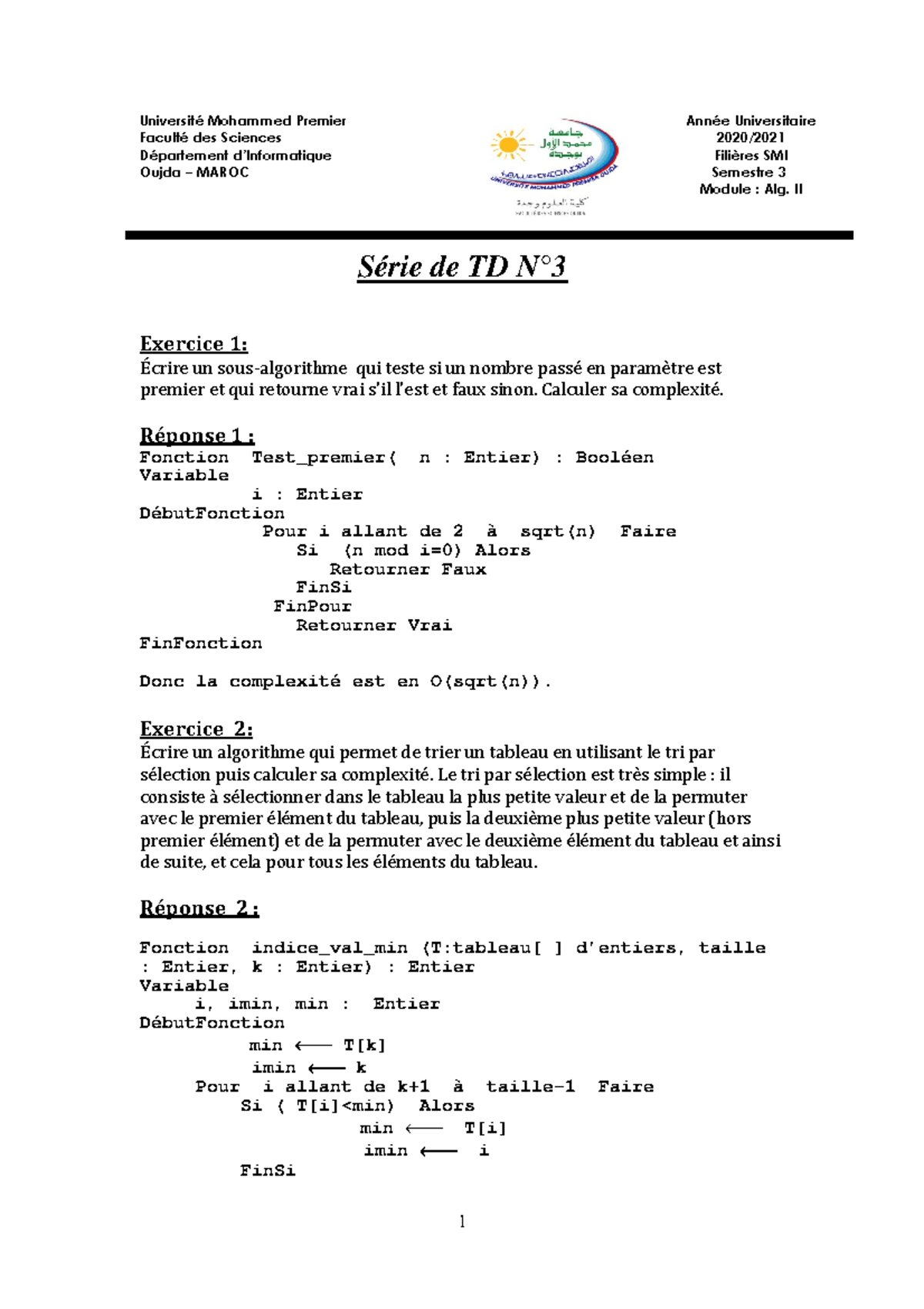 Algorithmique-Correction TD Série 3 SMI-S3 - - Studocu