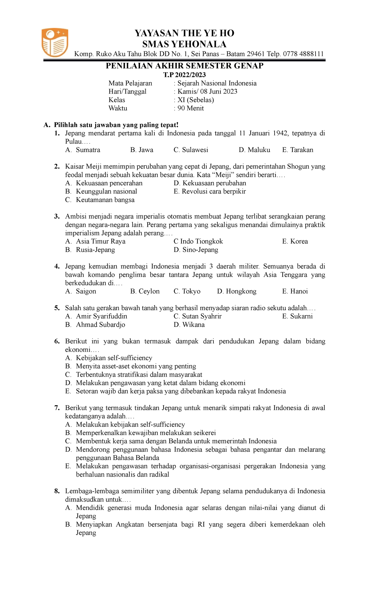 UAS SNI KLS XI - fdhg - YAYASAN THE YE HO SMAS YEHONALA Komp. Ruko Aku ...