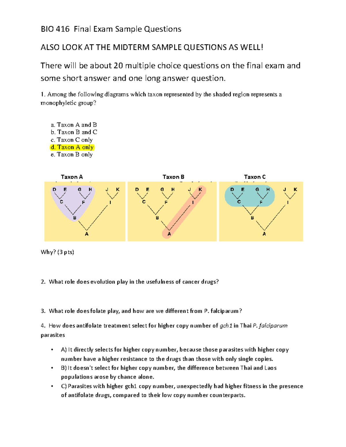 Final Exam sample questions - BIO 416 Final Exam Sample Questions ALSO LOOK AT THE MIDTERM ...