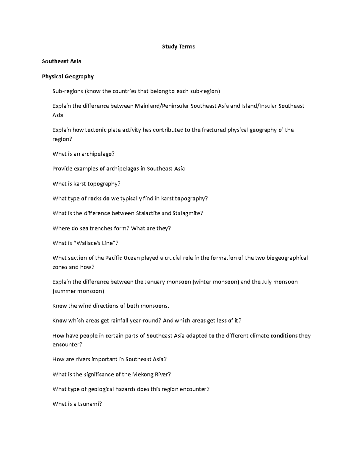 Study Terms Southeast Asia - GEO 317 - Studocu