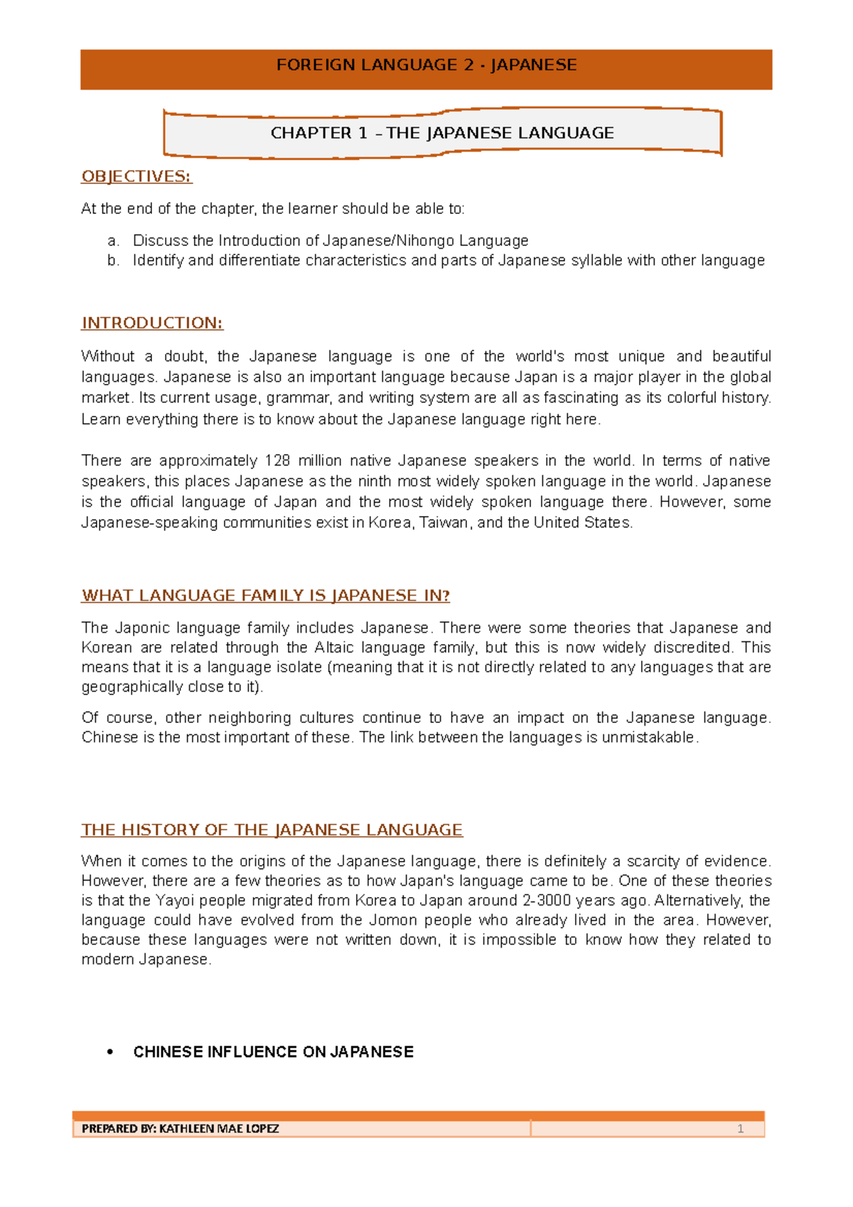 Module 1 - Foreign Language Nihongo / Japanese - OBJECTIVES: At the end ...