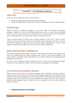 Module 1 - Foreign Language Nihongo / Japanese - OBJECTIVES: At the end of the chapter, the ...