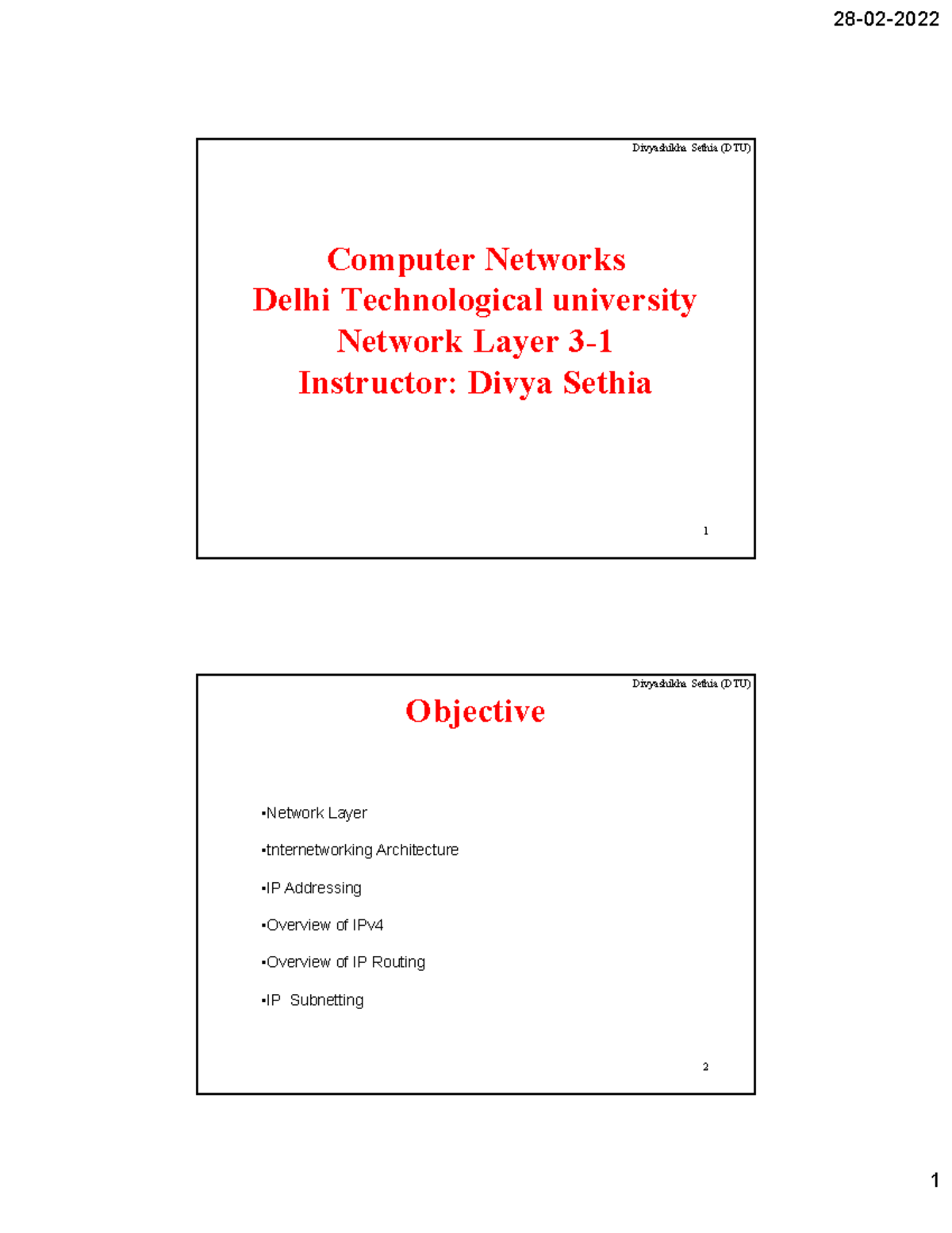 Lecutre DTU CNModule 3 1 Network IPAdrress - Computer Networks Delhi Technological university ...