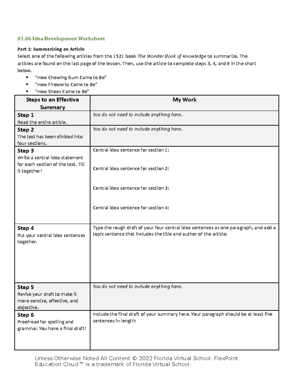 01 06 worksheet - 01 Idea Development Worksheet Part 1: Summarizing an ...
