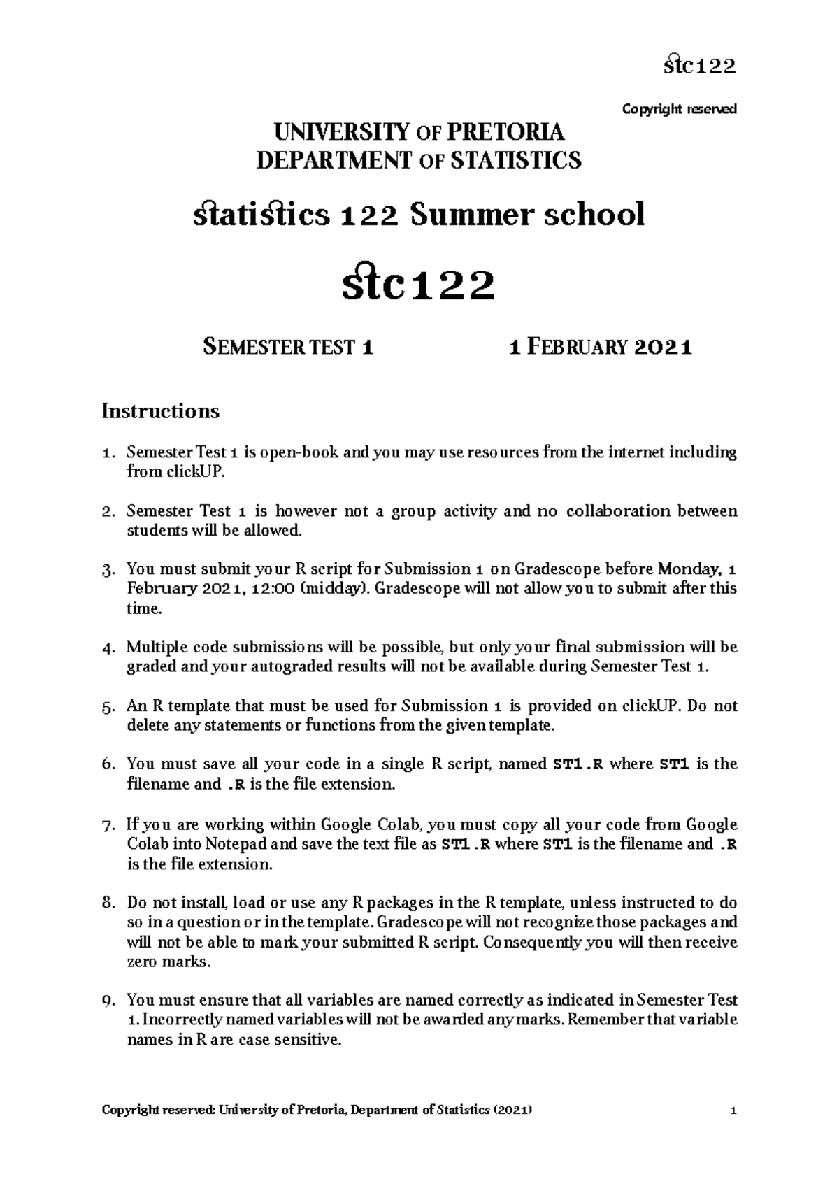Question paper - STC 122 Semester test 2 (summer school) - Copyright ...