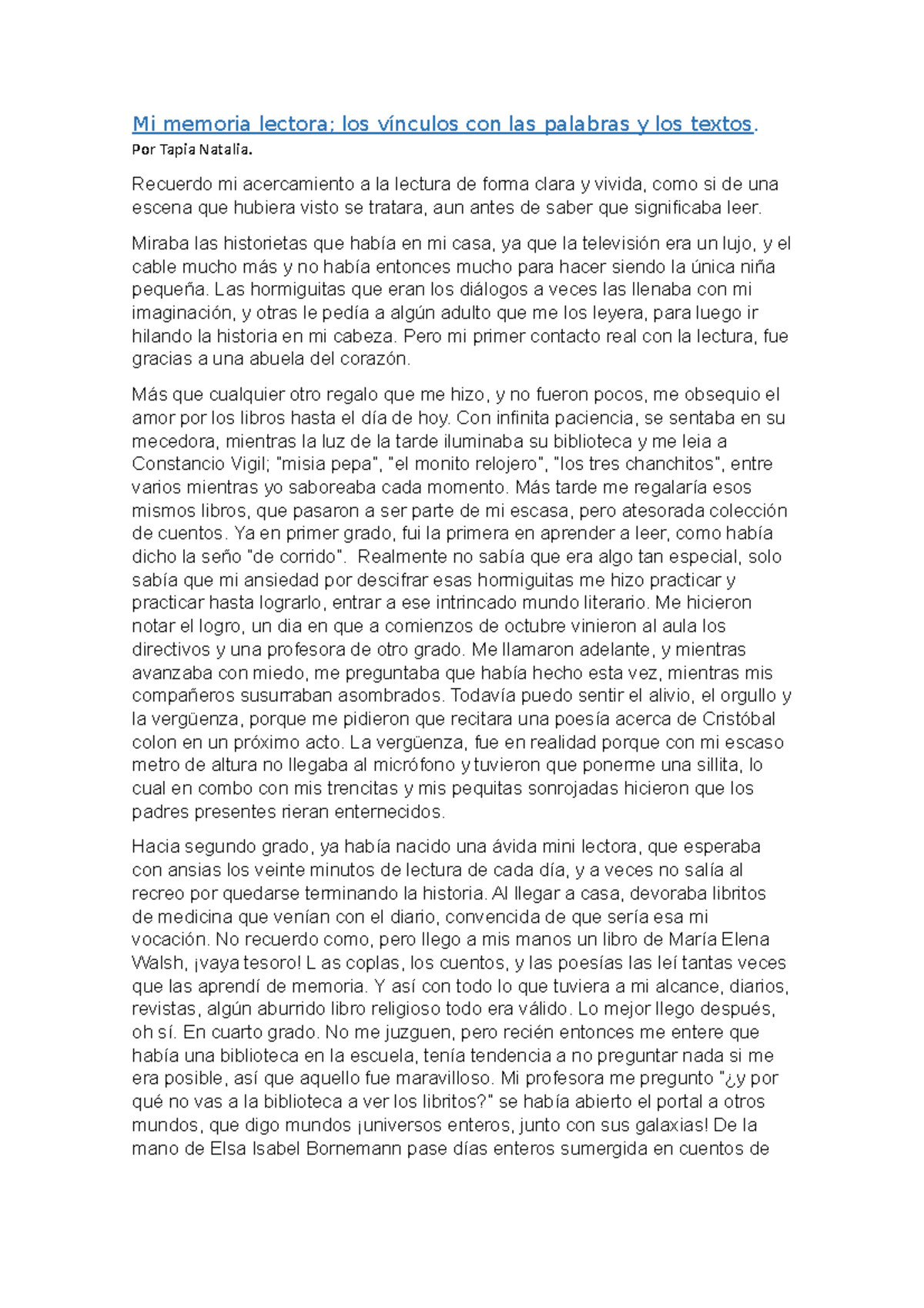 Memorias lectoras - escritura de trabajo con nota diez - Mi memoria ...