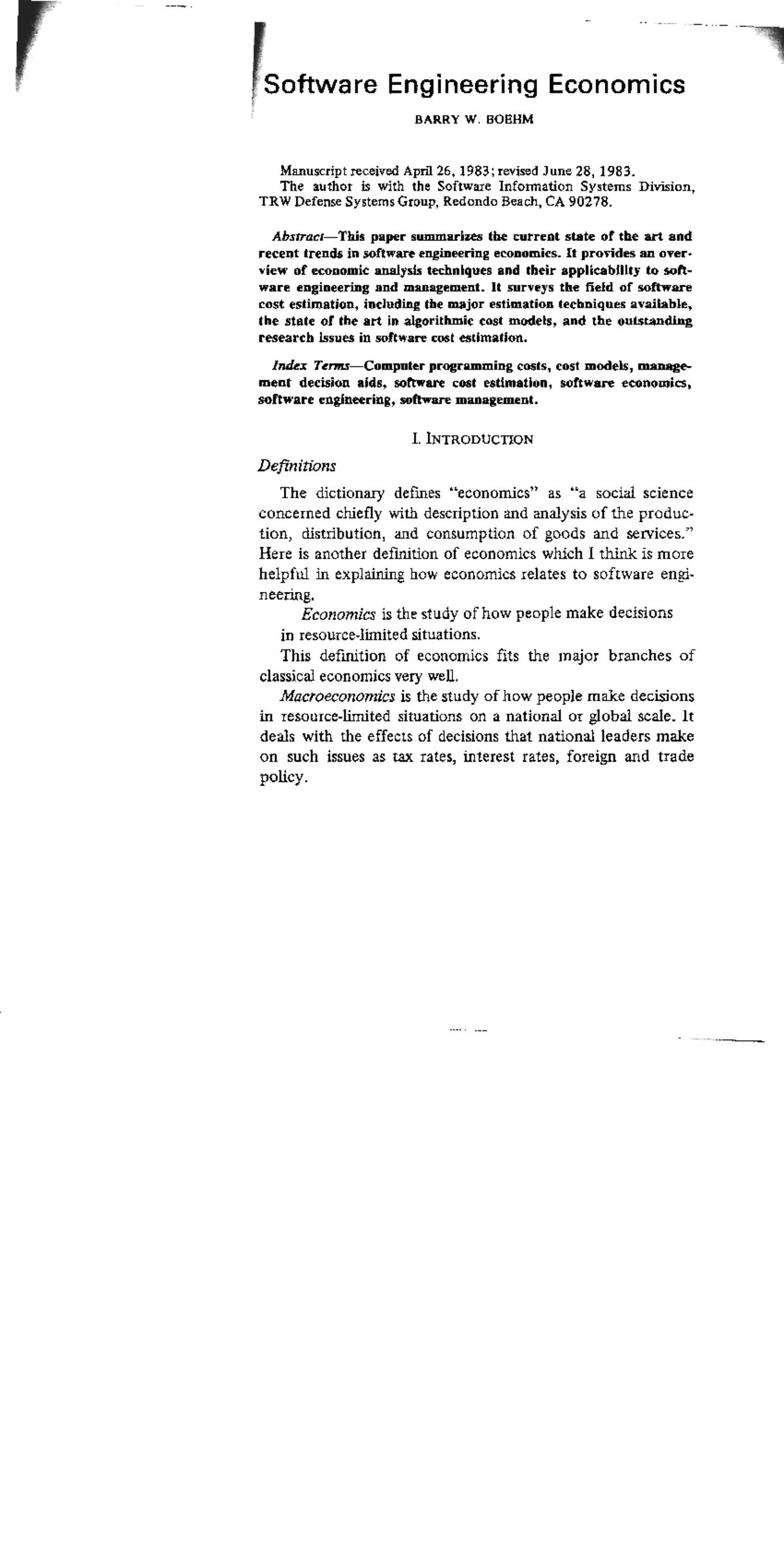 Boehm 1981 Cocomo -= ####### Software Engineering Economics BARRY W ...