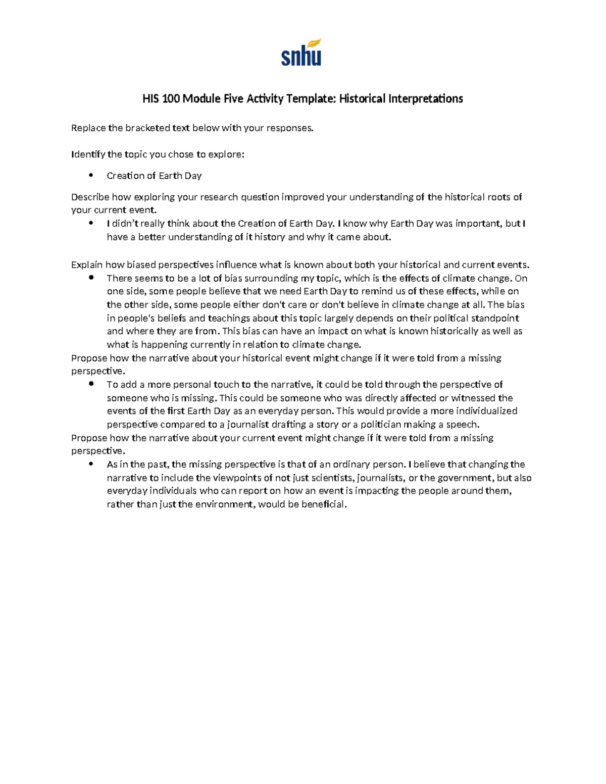HIS 100 Module Five Activity Template - Identify the topic you chose to ...