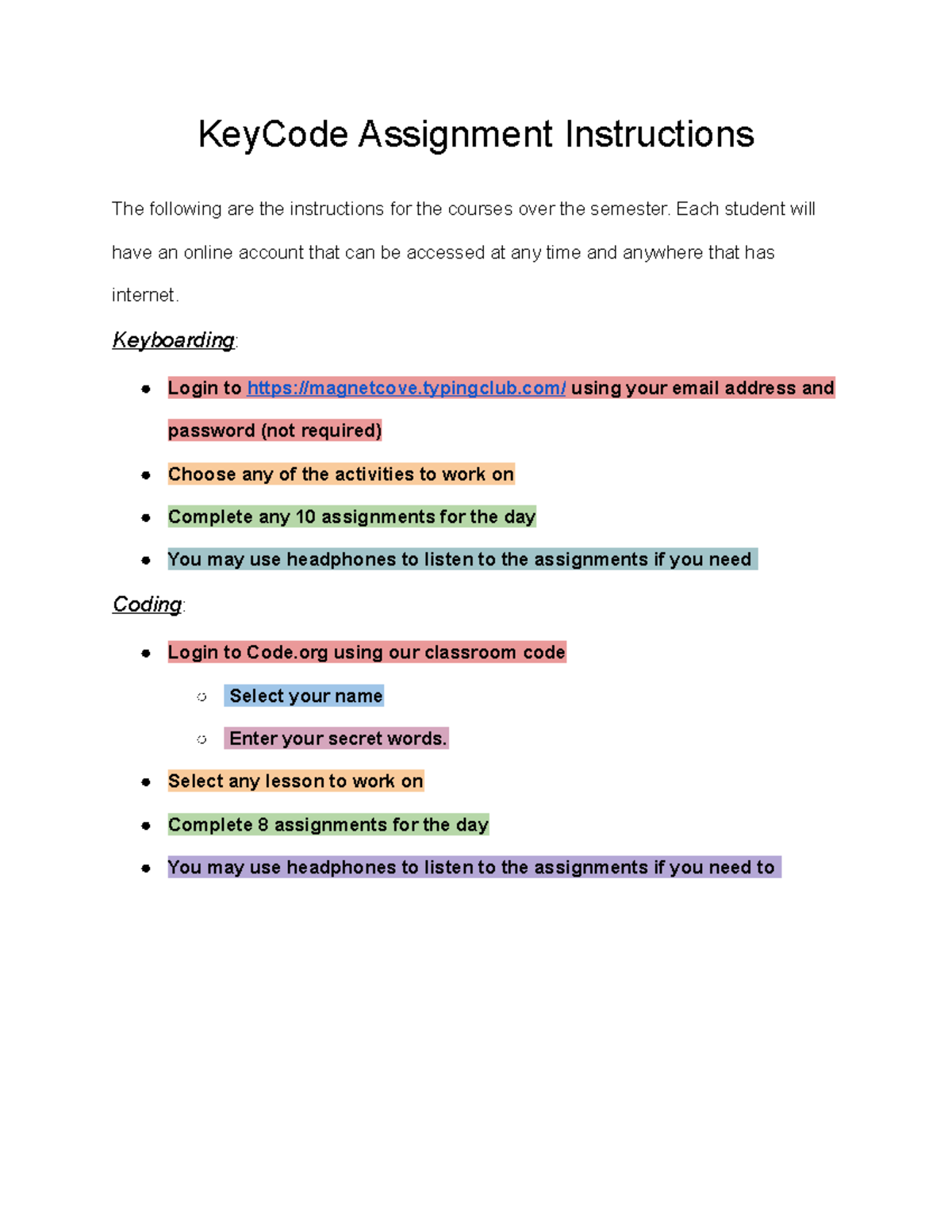 Highlighted Key Code Assignment Instructions - KeyCode Assignment ...