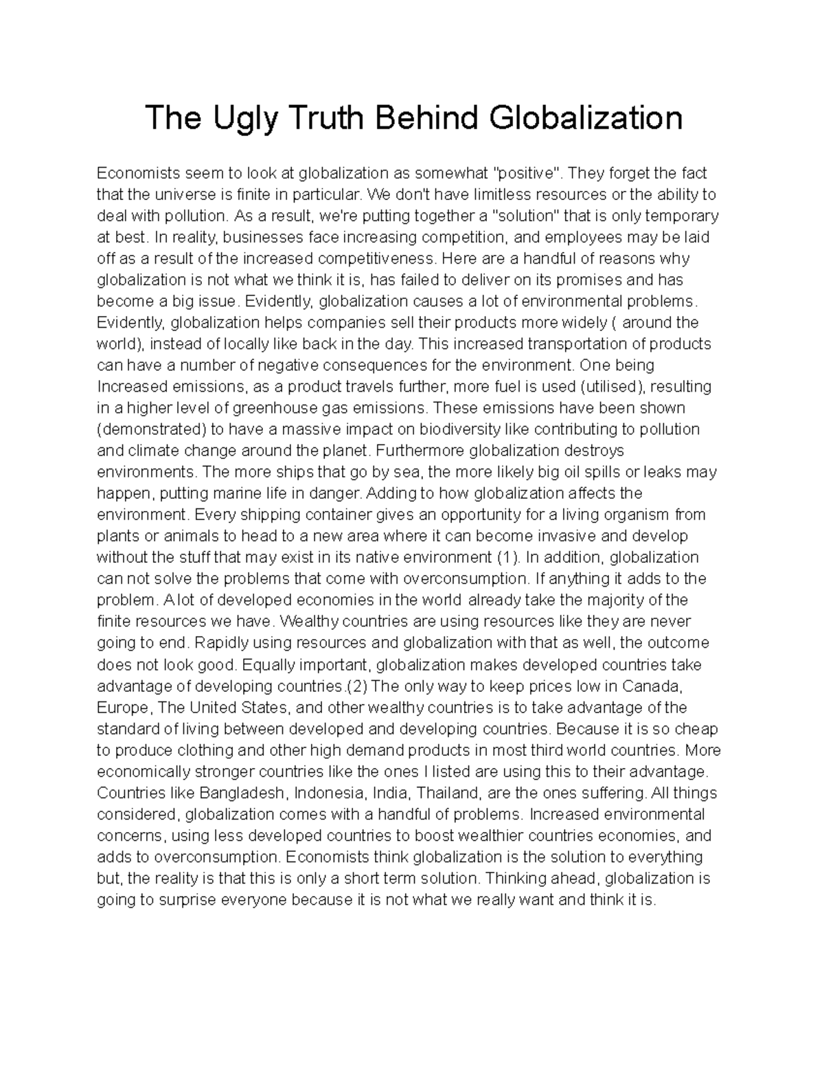 Final SOP - The Ugly Truth Behind Globalization Economists seem to look ...