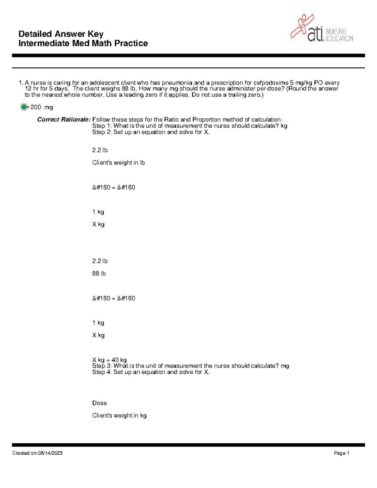 Key Intermediate Med Math Practice - Intermediate Med Math Practice A ...